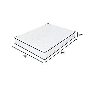 PrimaSleep 10 inch Hybrid Tight Top Spring Mattress,White/Blue Piping/Dura I Gel Foam (King)