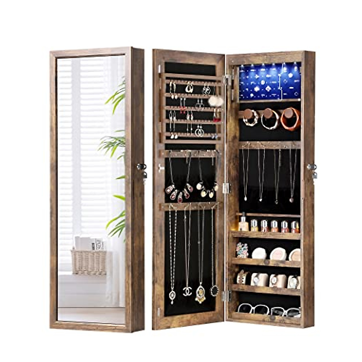 Nicetree 6 LEDs Mirror Jewelry Cabinet with 3 Improvements, 4.2" D Door/Wall Mounted Jewelry Armoire with Full Length Mirror, Larger Capacity, Rustic Brown