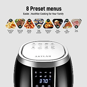6 Qt XL Air Fryer - Large Family Size Greaseless Air Frier by AKYLAR with Digital Temp and Time Control, Customizable 8 in 1 Functions for Frying, Cooking, Roasting, Broiling, with Recipe Book