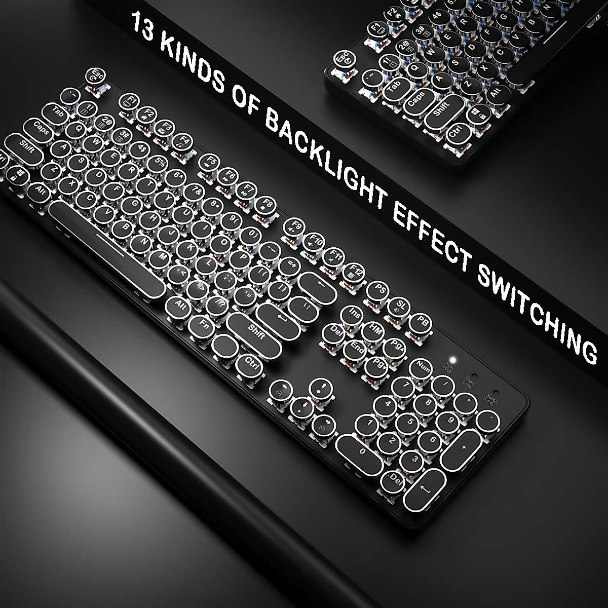 PC Gaming Mechanical Keyboard with LED White Backlit Light, 104 Keys Anti-Ghosting, Blue Switch Typing Key Caps and USB Connection for Computer