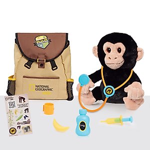 National Geographic Kids Chimpanzee Care and Nurture Vet Set, Stuffed Animal, Sounds, Recycled Packaging, Kids Toys for Ages 3 Up, Amazon Exclusive