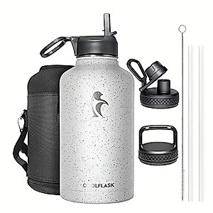Half Gallon Water Bottle Insulated with Straw&3 Lids, Coolflask 64 oz Water Jug Galaxy Large Metal Stainless Steel flask for Gym, Sports and Office, Keep Cold 48H Hot 24H, Arctic White