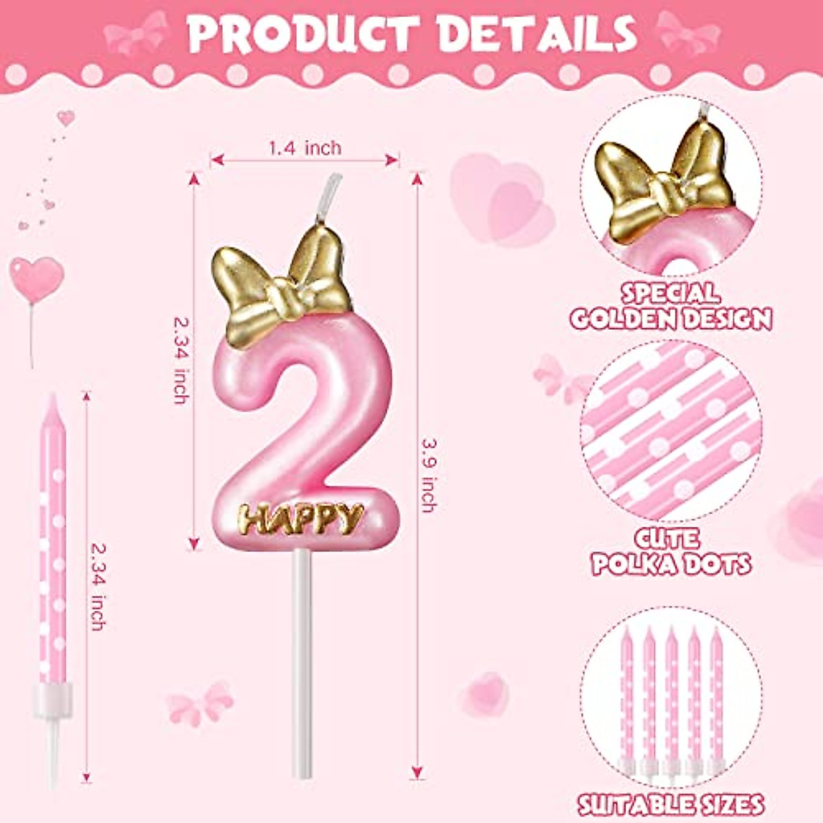 11 Pieces 2 Birthday Candle Girl Pink Number Birthday Cake Topper 2 Years Old Birthday Candle with White Dot Birthday Long Candles for Cake Topper Birthday Baking Decor Supplies, 2 Styles()