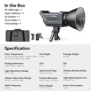 SmallRig RC 120D 120W COB LED Video Light, 5600K, 62600Lux@1m On-Board and SmallGoGo App Control, TLCI 96+ CRI 95+, 9 Lighting Effects, Support AC Adapter and 14.4V/26V V-Mount Battery- 3470