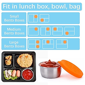 Salad Dressing Container to Go, 6x1.6 oz Reusable Small Containers with Lids and Leaf Spoons, Sauce Containers for Lunch Box, 18/8 Stainless Steel Condiment Cup, Easy Open, Leakproof Dipping Sauce Cup