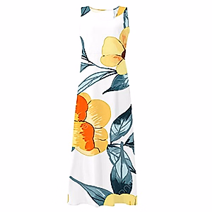Sundresses for Women with Pockets Sleeveless O-Neck Dresses Floral Print Fashion Club Mixi Sundress Yellow Medium