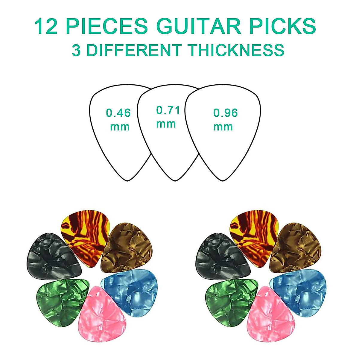 12 Pcs Celluloid Picks 0.46mm/0.71mm/0.96mm，With 3 Pcs Guitar Fretboard Stickers for Guitar Players