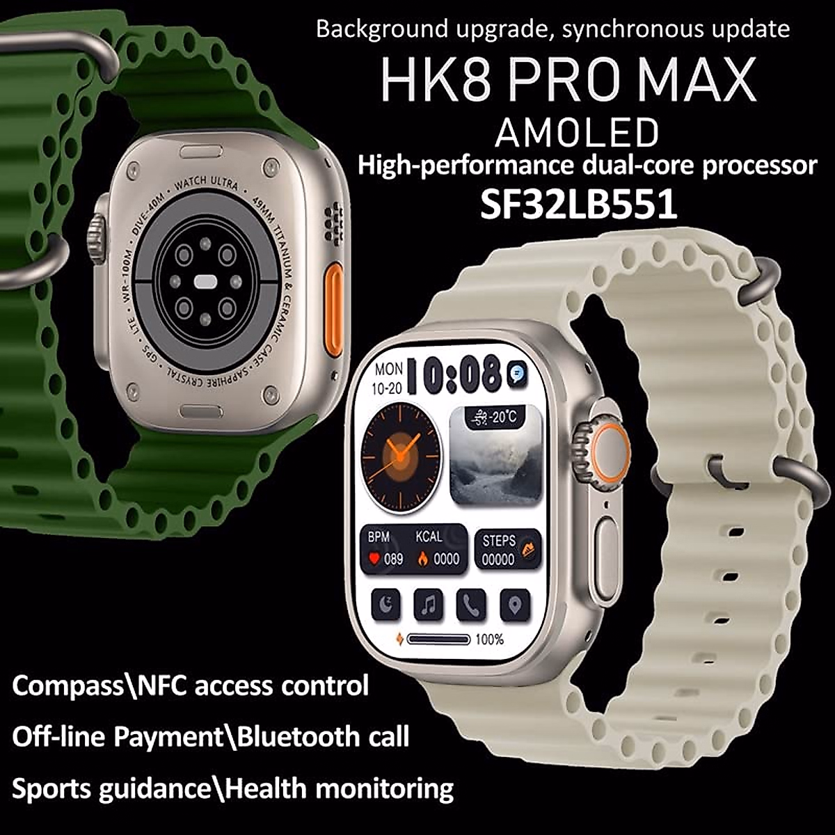 New HK8 Pro Max Smart Watch Ultra Series 8 AMOLED Screen 49mm 2.12 inch Compass NFC High Refresh Rate Smartwatch Men Sport Watch (Orange)