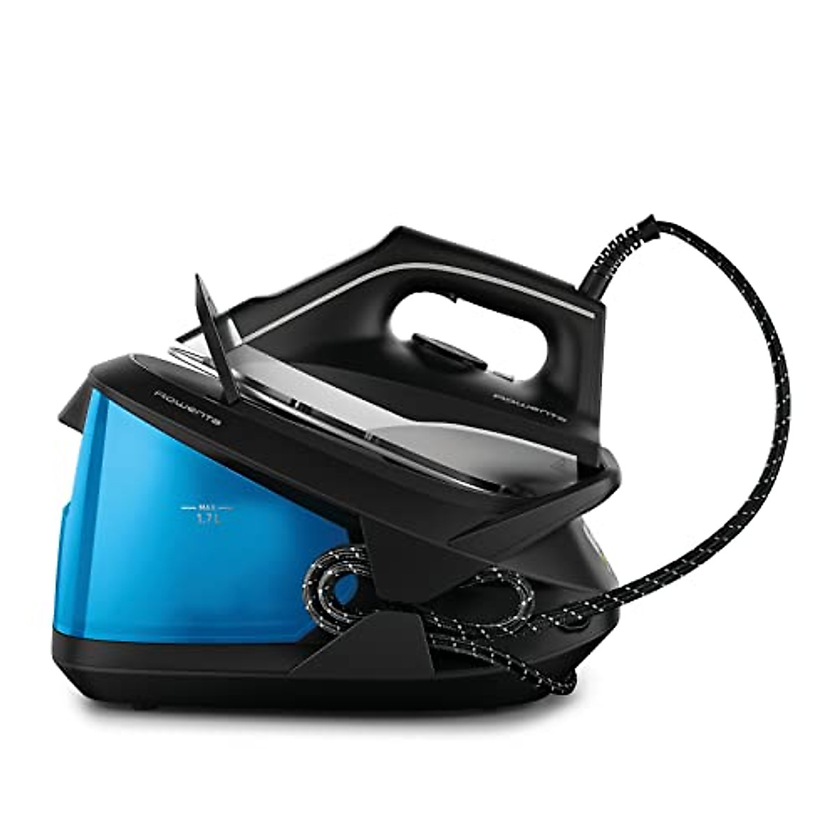 Rowenta Compact Stainless Steel Soleplate Professional Steam Station for Clothes, 57 Ounce Removable Tank, Lightweight, Compact 1500 Watts Iron, Fabric Steamer, Garment Steamer Black and Blue, VR8324.