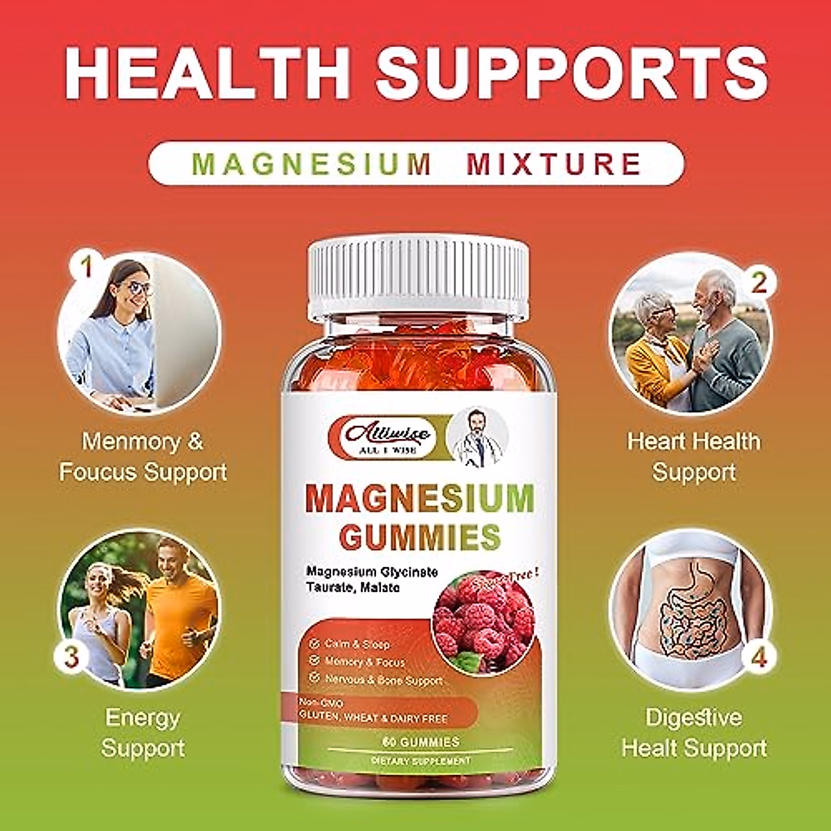 Sugar-Free Magnesium Glycinate Gummies, Complex Magnesium Supplement 600mg with Calcium, Magnesium Glycinate 300 mg with Taurate, Malate, COQ10, Vitamin B6 and D3, Supports for Memory, Calm, Mood