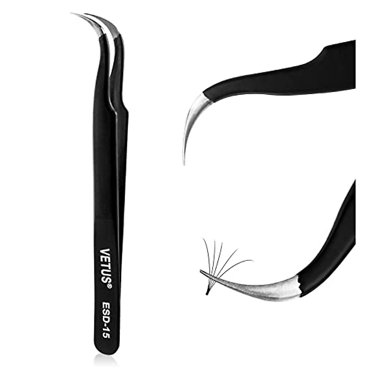 BEYELIAN Eyelash Extension Tweezers, Curved Tip Volume Lash Tweezers, Professional Lash Extension Tweezers, ESD-15