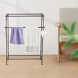 MYOYAY Freestanding Towel Rack with Storage Shelf 3-Tier Bathroom Towel Bar Rack Metal Quilt Rack Stand and Display Rack for Bathroom Bedroom Laundry Room