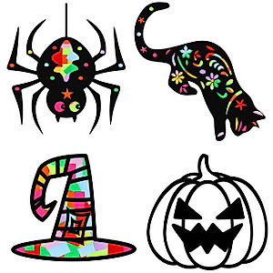 Outus 12 Pieces Halloween Stained Glass Effect Paper Double-Sided Black Suncatcher Kit Pumpkin Suncatchers Craft with 30 Pieces Colored Paper for Window Classroom Art Craft Party Favors, 6 Styles