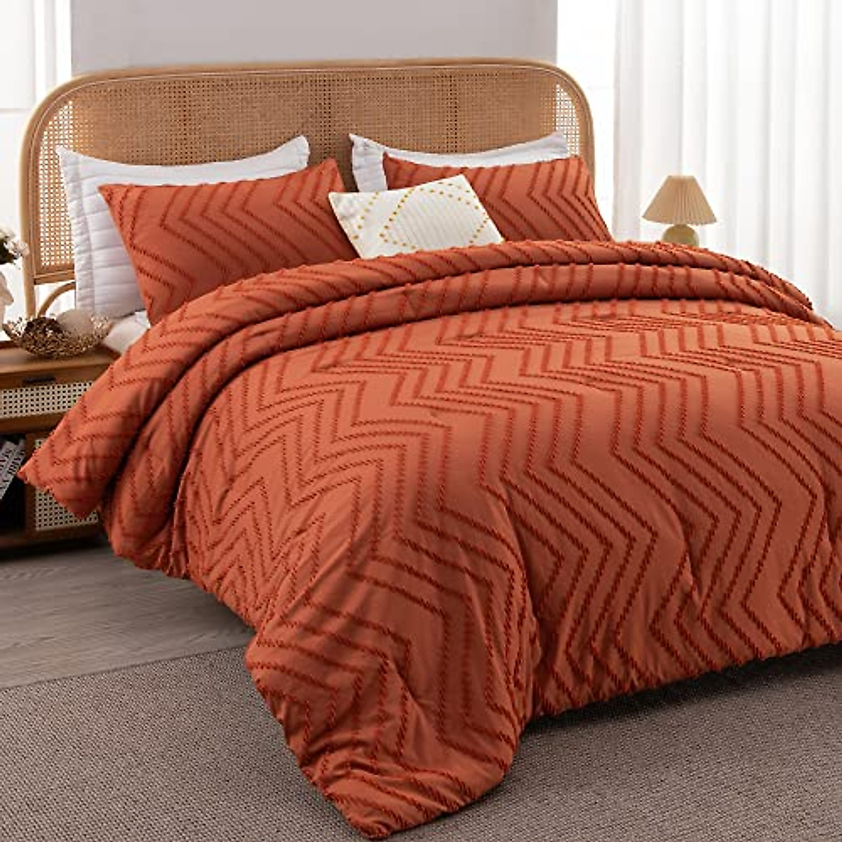 Litanika Comforter King Size Set, Burnt Orange Boho Fall Lightweight Bedding Comforters & Sets for King Bed, 3 Pieces Chevron Tufted Bed Set