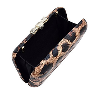 Elegant Leopard PU Leather Crystal Bow Top Hard Clutch, Brown