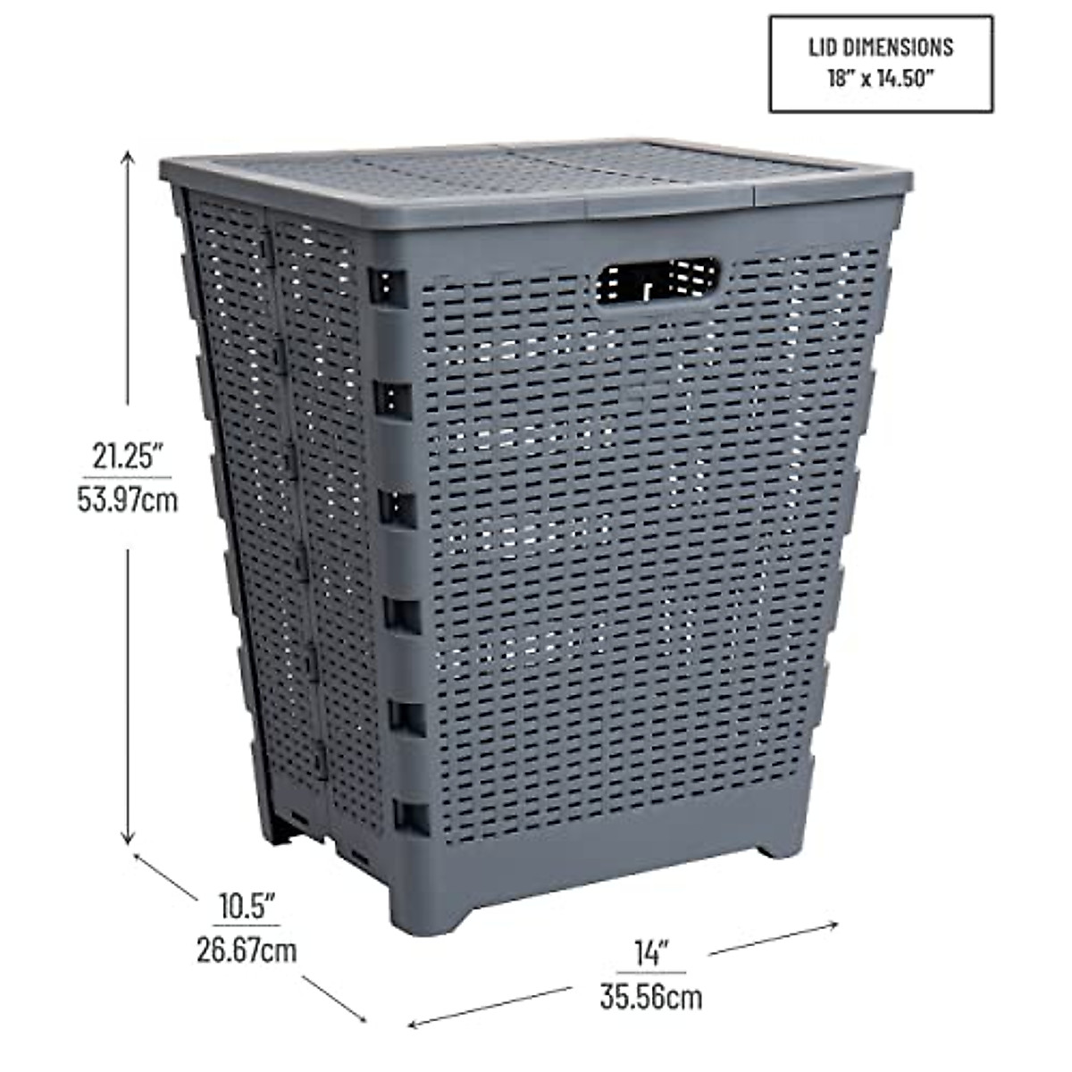 Mind Reader 61L Foldable Laundry Hamper, Clothes Basket, Lid, Wicker Design, Plastic, 18"L x 14.5"W x 21.25"H, Gray