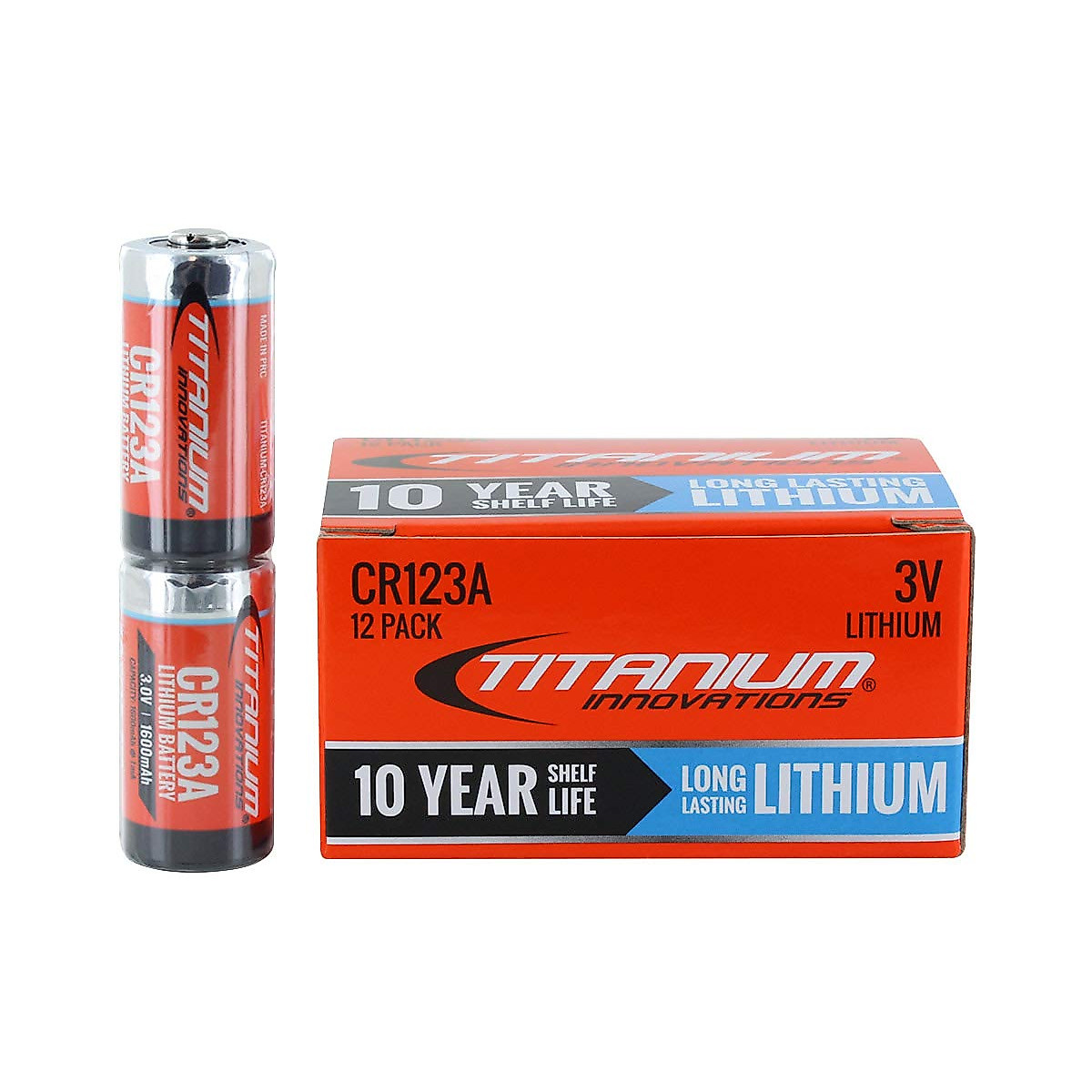 TITANIUM INNOVATIONS CR123A 3V Lithium Battery Tactical Configuration - Box of 12, Shrink Wrapped in Pairs