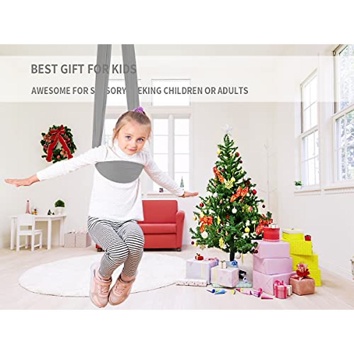 Therapy Sensory Swing for Kids and Adult (Hardware Included) Adjustable Cuddle Bedroom Hammock Has Calming Effect On Child with Special Needs(Gray Size:59"x110")