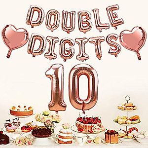 Luxiocio Double Digits Birthday Decorations, Happy 10th Birthday Balloons Banner for Girls, Rose Gold Double Digits 10 Year Old Birthday Party Supplies