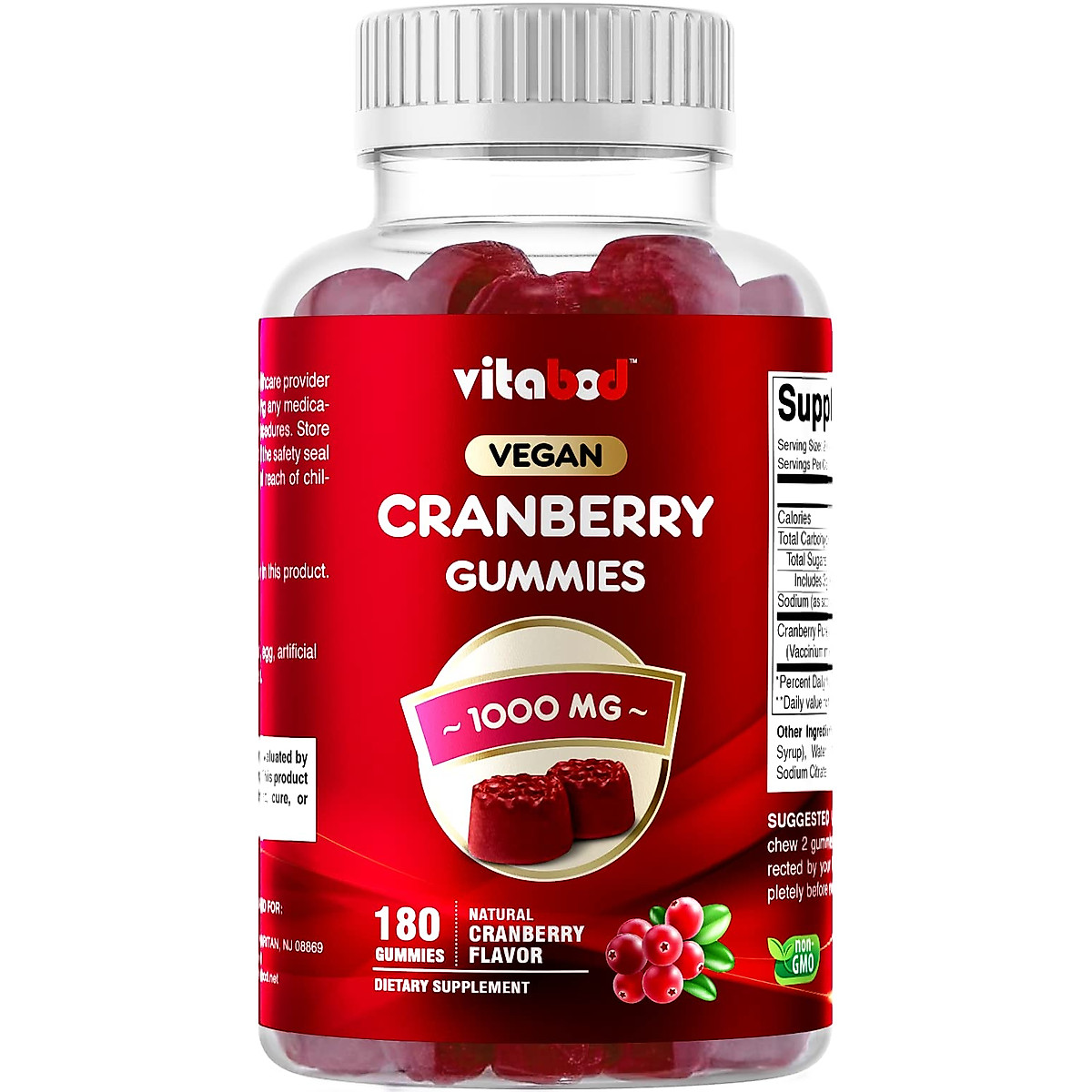 Vitabod Cranberry Gummies Urinary Tract Health Supplement - 1000mg - 180 Pectin Based Gummies