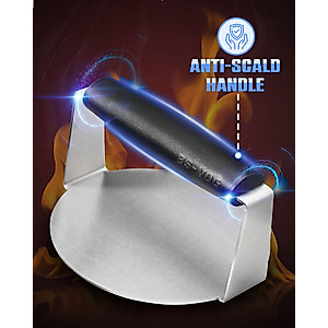 BS-VOG Burger Press, 6 Inch Round Burger Smasher for Griddle with Anti-Scald Handle, Non-Stick Smooth Stainless Steel Hamburger Press, Grill Press for Flat Top Grill Cooking, Gift Package