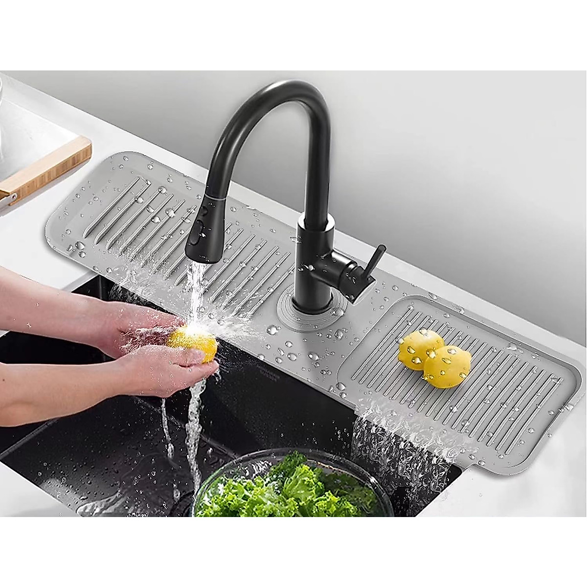 Silicone Faucet Mat Drip Catcher Tray(gray24" x 5.5"),Sink Mat,Faucet Handle Drip Catcher Tray,Faucet Catcher Mat,Faucet Absorbent Mat,Faucet Rack,Sink Splash Guard,Sink Accessories Gadgets