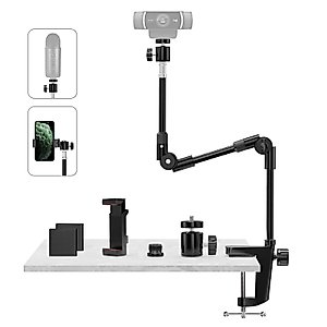 Webcam Stand Camera Mount with Phone Holder & 5/8" Screw, 25in Flexible Projector Stand Gooseneck Desk Mic Stand for Logitech C922 C930e C920 C615 C960 Brio 4K, GoPro, Blue Yeti Snowball Ice