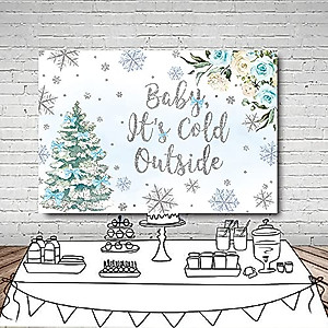 MEHOFOND Baby It's Cold Outside Backdrop Boy Baby Shower Party Decor Silver Snowflake Winter Wonderland Photo Booth Banner Christmas Tree White Blue Floral Background 7x5ft