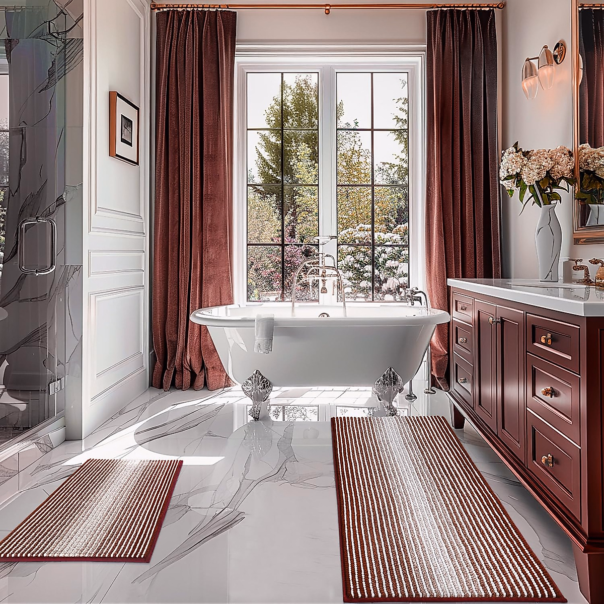 Bathroom Rugs and Mats Sets, 2 Piece Thick Absorbent Chenille Bath Mat Rug Set Non Slip, Soft Shaggy Bath Room Floor Mats for Bathroom, Machine Washable (Burgundy Red, 20" x 47" Plus 16" x 24")