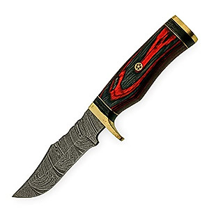 Custom Handmade Damascus Steel Hunting Knife/Skinning Knife SS-17452 (Red & Black Wood) (Red)