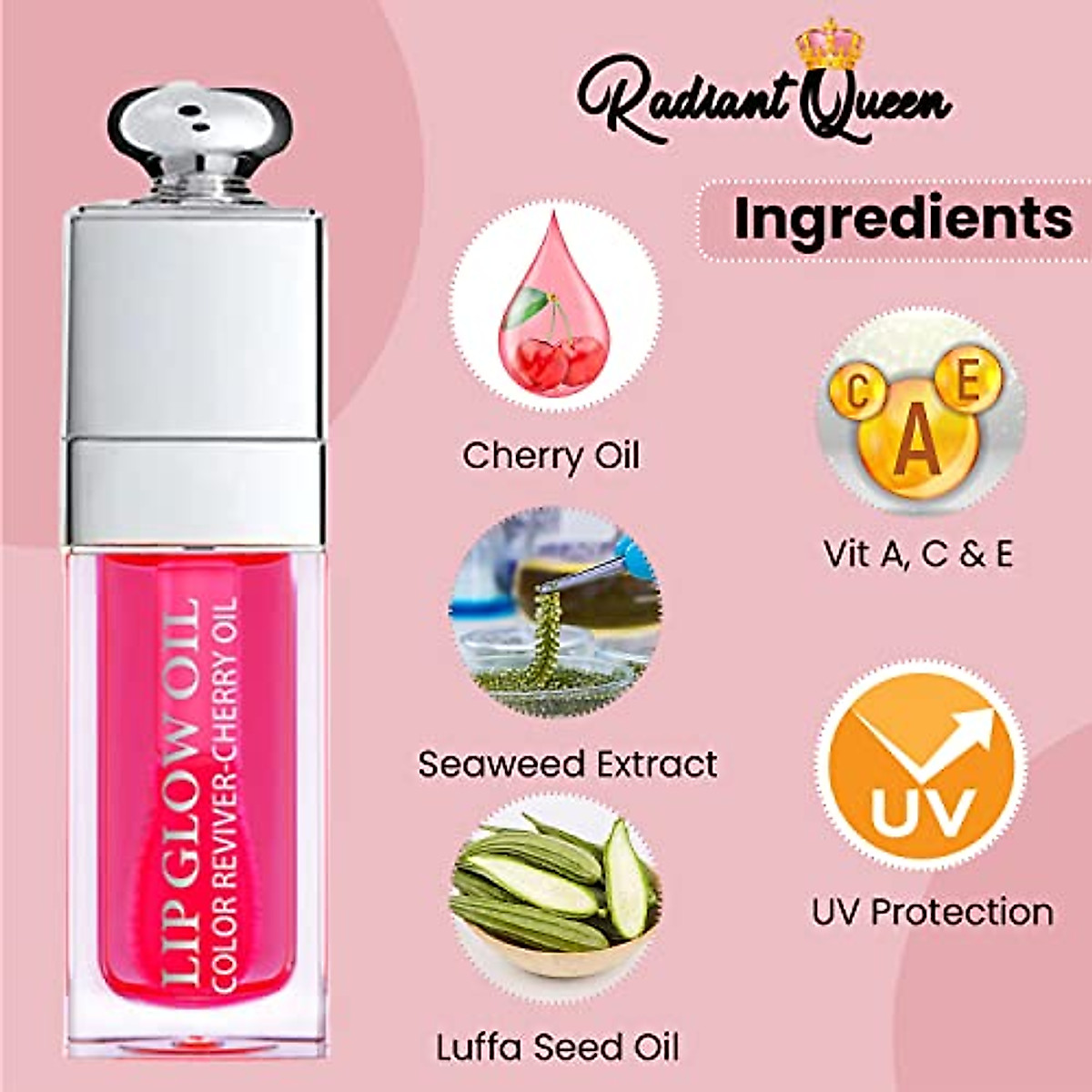 Radiant Queen Lip Glow Oil - Cherry | Maximizing, Moisturizing and Revitalizing for Dry Lips with Cherry Fruit Oil, 0.20 FlOz