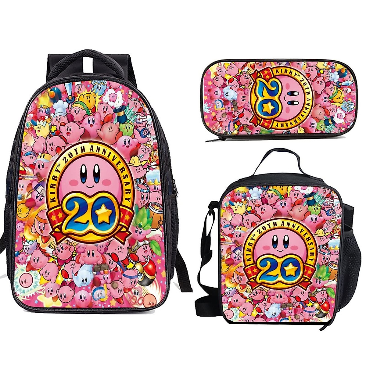IKBAGVBK 3 Piece Kirby Game Kids Backpack Set,Kerbe Schoolbag and Lunch Bag & Pencil Case Set for Boys Girls school supplies Bookbag