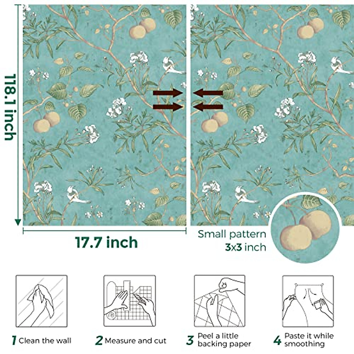 Floral Peel and Stick Wallpaper Contact Paper: Vintage Removable, Bird Stick on Wallpaper 17.7 x 118.1 inch Self Adhesive Green