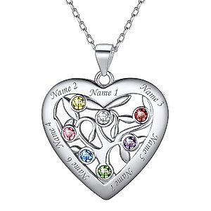 U7 Mother Necklace with 7 Birthstones and Names Engraved Sterling Silver Heart Pendant Necklace Family Friendship Gift Necklaces