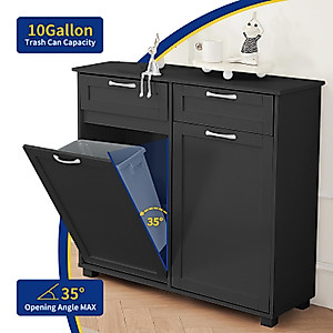 Tilt Out Trash Cabinet 10 Gallon, Trash Can Cabinet with 2 Drawers, Double Freestanding Trash Cabinet, Recycling Cabinet for Laundry, Kitchen, Living Room, Bathroom, Bedroom (Black)