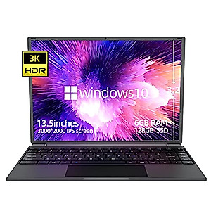Windows 10 Laptop, 13.5" 3K (3000 x 2000) 3:2 IPS Display Celeron N4020 Quad Core, 6GB RAM 128GB SSD, Mini & Light Notebook PC, Backlit Keyboard, Webcam, Type C, Finger Print, Office, Gray