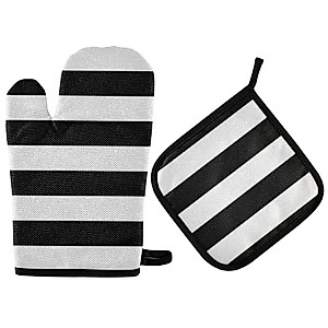 susiyo Classic Black and White Striped Oven Mitts and Potholders 2-Piece Set Non-Slip Washable Cooking Gloves for Hot Plate Baking Kitchen Dining Grilling BBQ