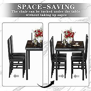 Hooseng Dining Table Set for 4, Space Saving Kitchen Table and Chairs for 4, Modern Style Faux Marble Tabletop & 4 PU Leather Chairs, Perfect for Dining Room,Breakfast Corner Small Spaces,Black