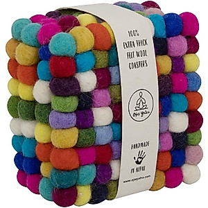 Colorful Felt Coasters Square - Premium Felted Ball Wool Coasters Set of 4 - with Lokta Gift Box - Handmade Large Absorbent Coasters for Drinks - Naturally Dense, Heat Resistant, Thick & Durable