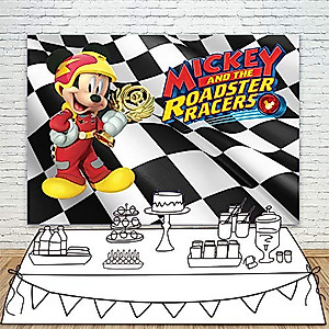 Mickey and the Roadster Racers Background for Photography 7x5ft Black and White Chequered Flag Race Car Themed Photography Backdrop