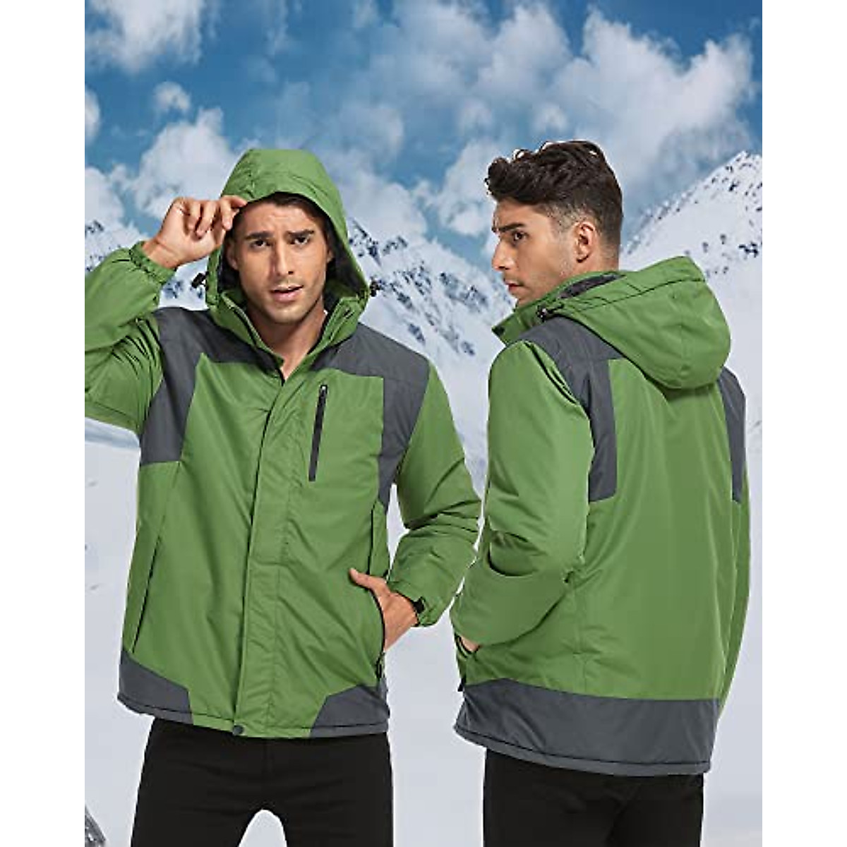 Mens Winter Jackets Ski Snow Coats Warm Fleece Lined Waterproof Windbreaker Softshell Hooded Jackets Raincoats Green 2XL