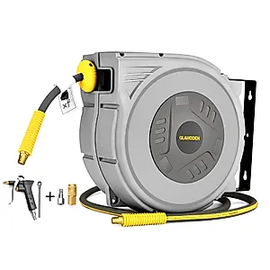 GLAHODEN Enclosed Retractable Air Hose Reel, 3/8 in x 65 Ft Hybrid Hose Air Compressor Hose Reel with 6 Ft Lead in Max 300 PSI Patented Design for Any Length Lock 180°Swivel Bracket Quick Coupler