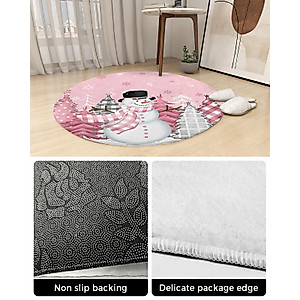 Blush Pink Snowman Fluffy Round Area Rug Carpets 4ft, Plush Shaggy Carpet Soft Circular Rugs, Non-Slip Fuzzy Accent Floor Mat for Living Room Bedroom Nursery Home Decor Christmas Dot Plaid Tree
