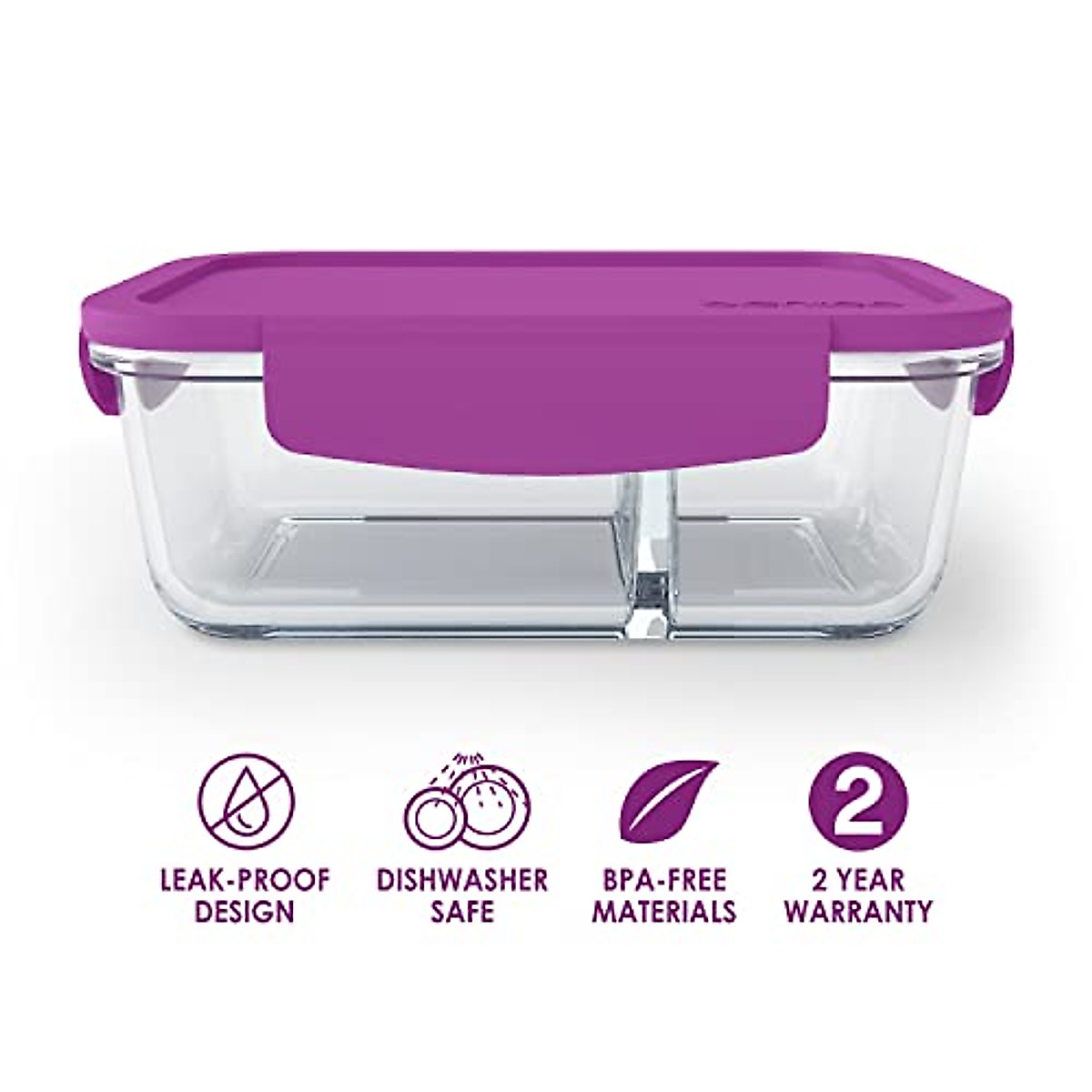 Bentgo® Glass Snack - Leak-Proof Bento-Style Snack Container with Airtight Lid and Divided 2-Compartment Design - 1.75 Cup Capacity for Meal Prepping, and Portion-Controlled Snacking (Purple)