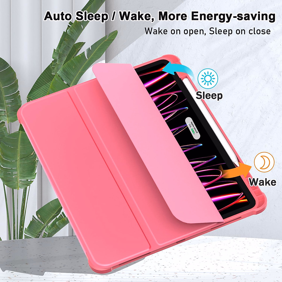 OKP for New iPad Pro 12.9 Case 6th/5th/4th/3rd Generation 2022/2021/2020/2018, 12.9 inch ipad Pro Case with Trifold Stand, 12.9'' Cover with Slim Lightweight Clear PC Back Shell for Women Men, Pink