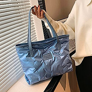 AZURAOKEY Puffer Tote Bag for Women, Quilted Cotton Padded Handbag, Women Shoulder Bags Soft Large Capacity Top-handle Bags Warm Zipper Simple Portable Lightweight for Girls Shopping-Blue