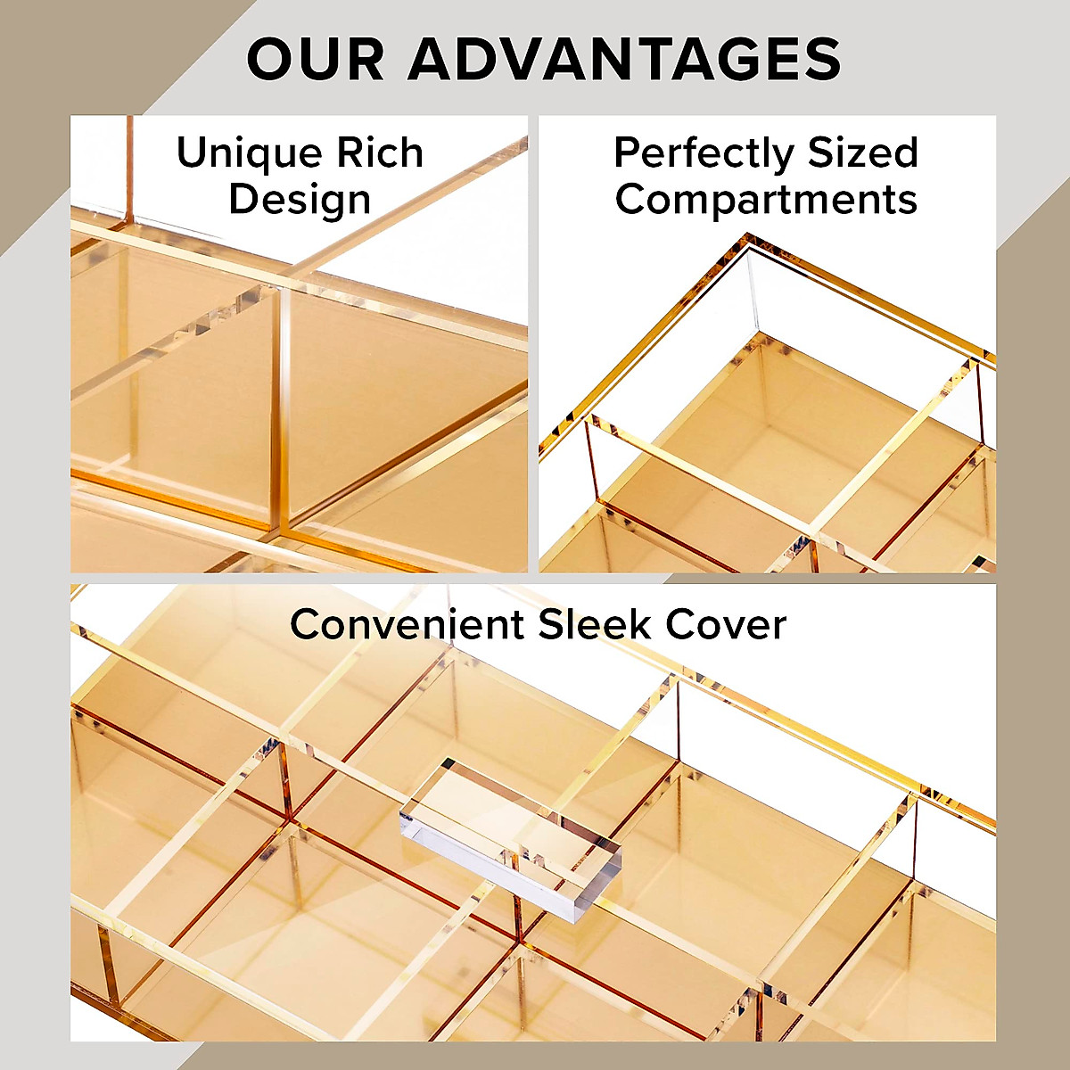 Snack Serving Tray Gift Box - Empty Divided Appetizer Serving Tray Set with Lid, Sectional Nuts & Dry Fruit Tray, Candy Dish, Veggie Serving Platter, Acrylic Clear & Gold, 8 Compartments, by Elavain