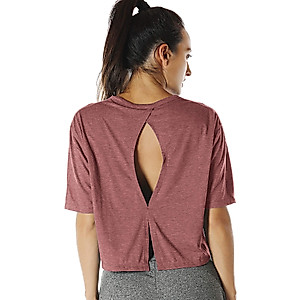 icyzone Open Back Workout Top Shirts - Yoga t-Shirts Activewear Exercise Crop Tops for Women (M, Burgundy)