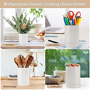 ALYSTER kitchen Utensil Holder for Countertop with Drain Tray, White Utensil Holder Utensil Crock Ceramic Cooking Utensil Holder for Kitchen/Counter Farmhouse/Décor (1)