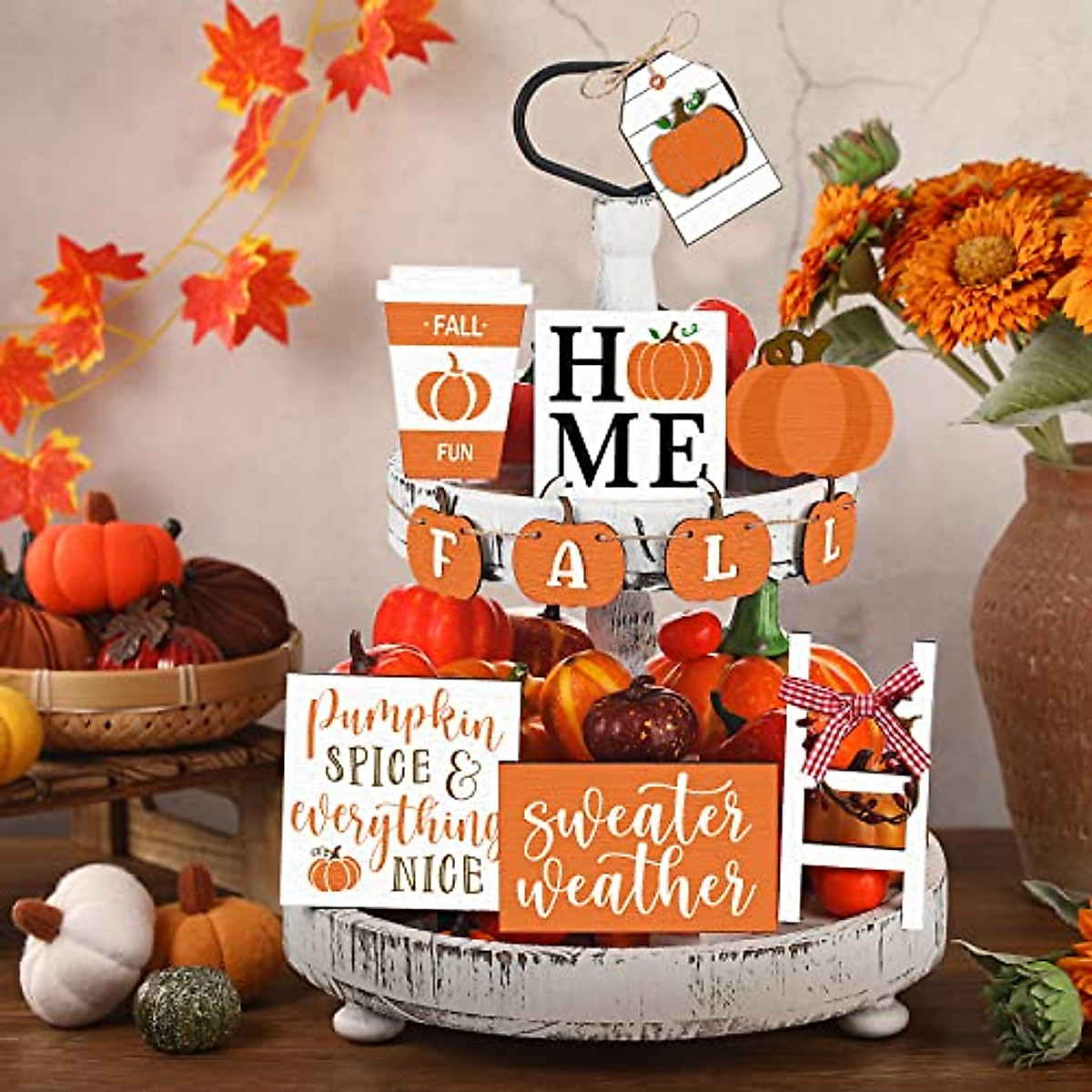 Two Tiered Tray with 11 Pcs Wooden Signs, Farmhouse Tiered Tray Decor Set Rustic Wood Home Kitchen Table Stand Decor Decorative Table Shelf Centerpiece(Autumn Style)